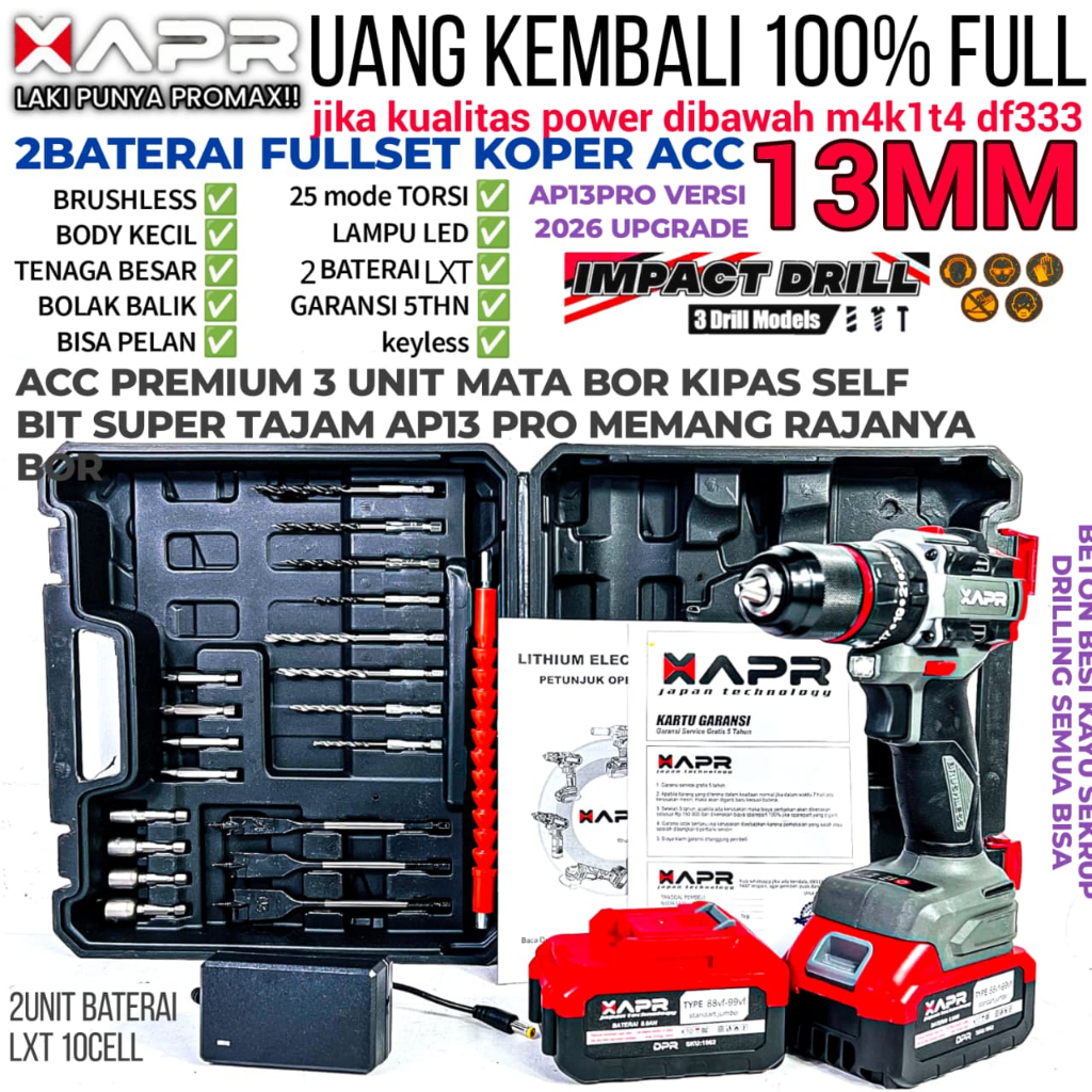 Jual XAPR Mesin Bor 3 in 1 Brushless 13mm APR AP13PRO Cordless Drill ...
