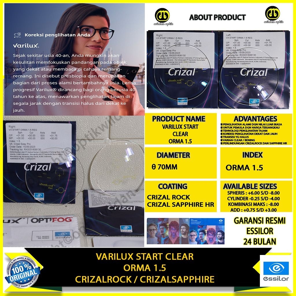 Jual ESSILOR VARILUX START ANTI UV CRIZAL ROCK/CRIZAL SAPPHIRE HR ...