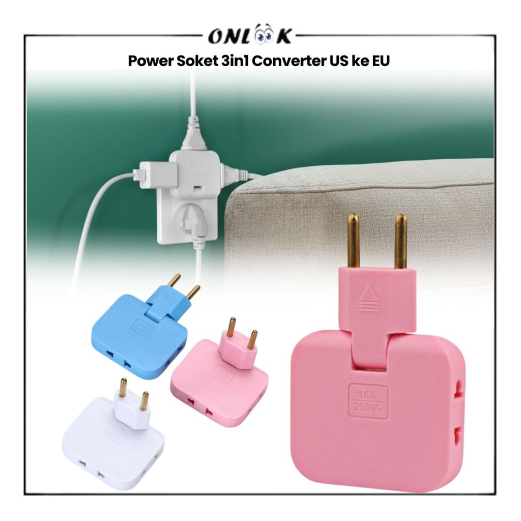 Jual Power Soket 3in1-Folding Socket Converter US ke EU Sambungan ...