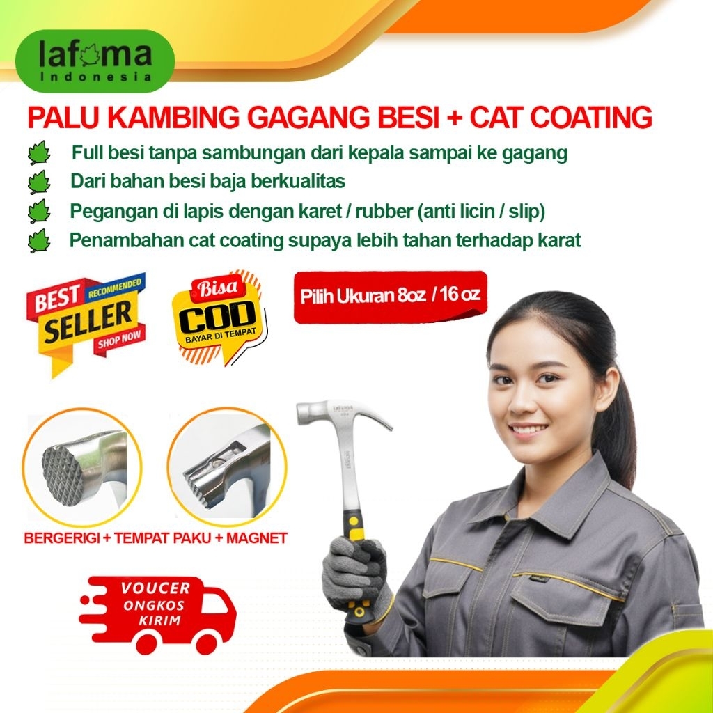 Jual Palu Kambing Full Besi Baja LAFMA 8oz 16oz – Gerigi, Magnet Paku ...