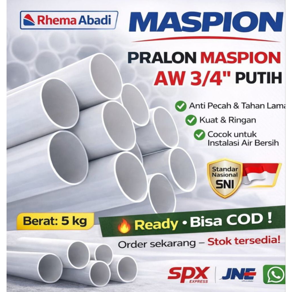Jual Pralon Pvc Pipa Air MASPION AW Putih 3/4" inch (26mm) Paralon ...