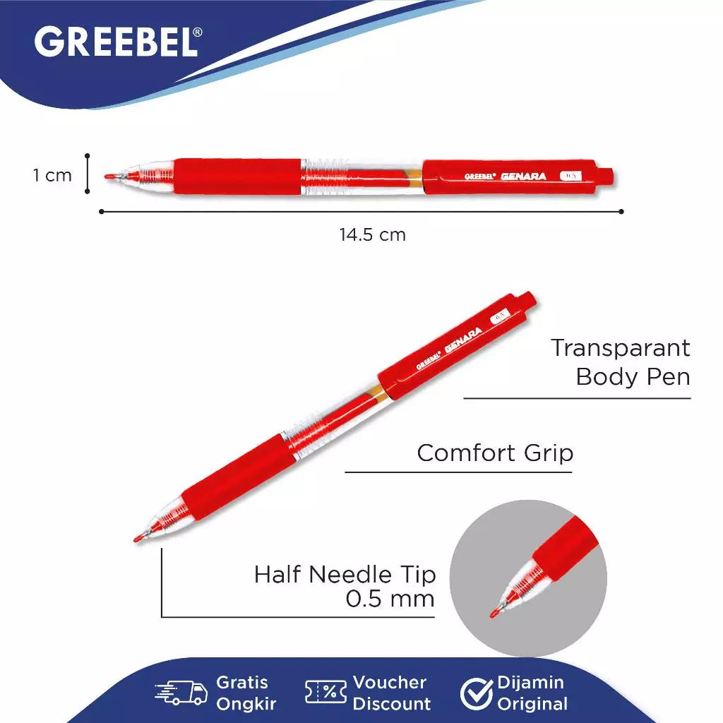 Jual GREEBEL Pulpen Gel GP-508 GENARA Red (1 Pcs) | Shopee Indonesia