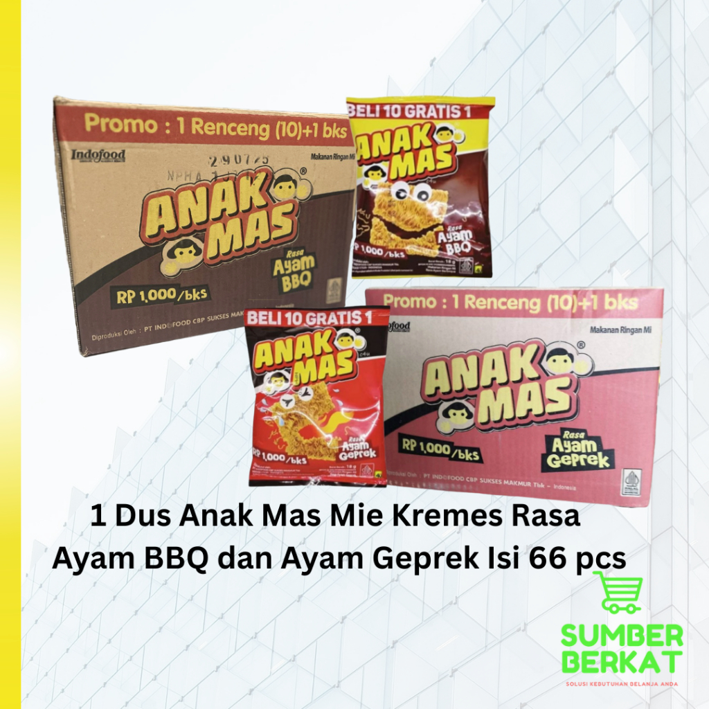 Jual 1 Dus Anak Mas Mie Kremes Rasa Ayam BBQ dan Ayam Geprek Isi 66 Pcs ...