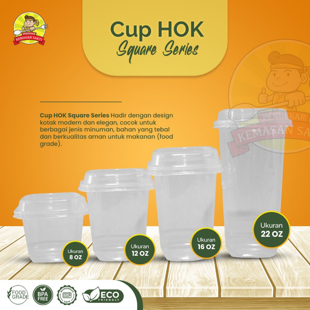 Jual Hok Cup Square Series 8 12 16 22 Oz Gelas Plastik KOTAK Tutup ...