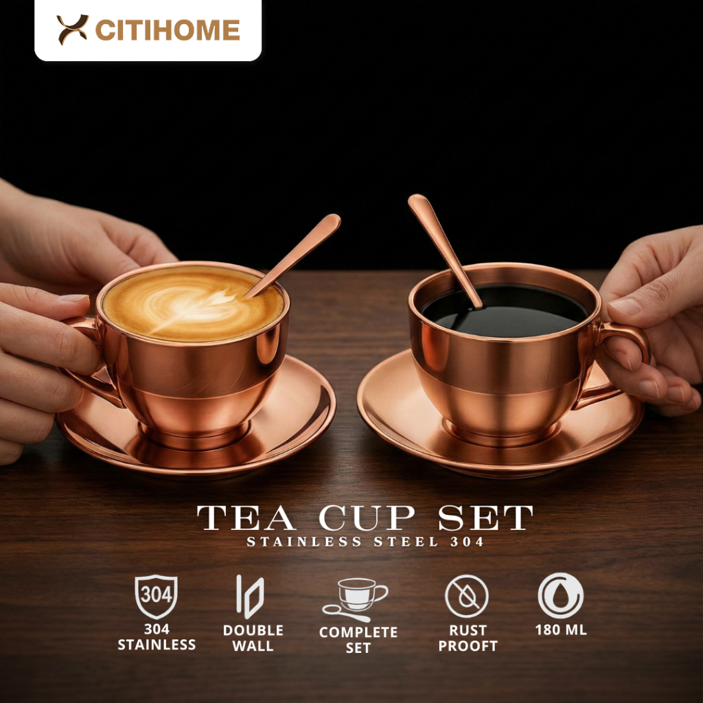 Jual Set Cangkir Kopi Susu Stainless Steel 304 dengan Sendok dan Piring ...