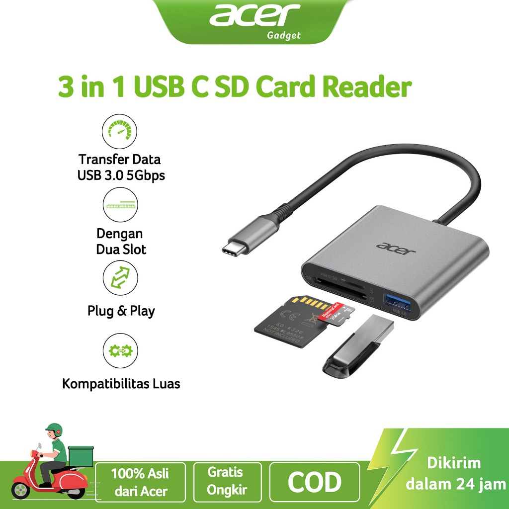 Jual Acer SD Card Reader USB C 3 in 1 Memory Card Reader with Dual ...