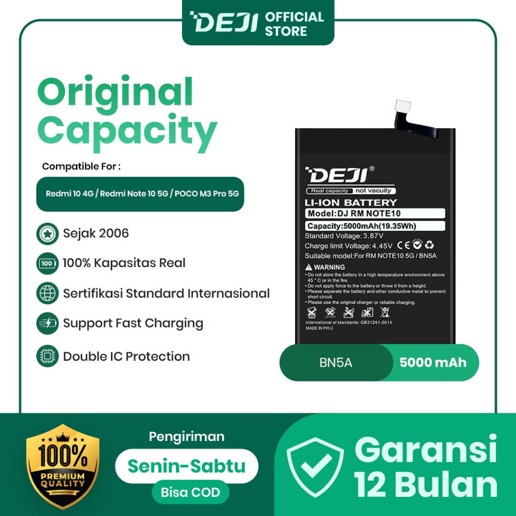 Jual DEJI Baterai BN5A FOR REDMI 10 4G 2022/REDMI NOTE 10 5G/POCO M3 ...