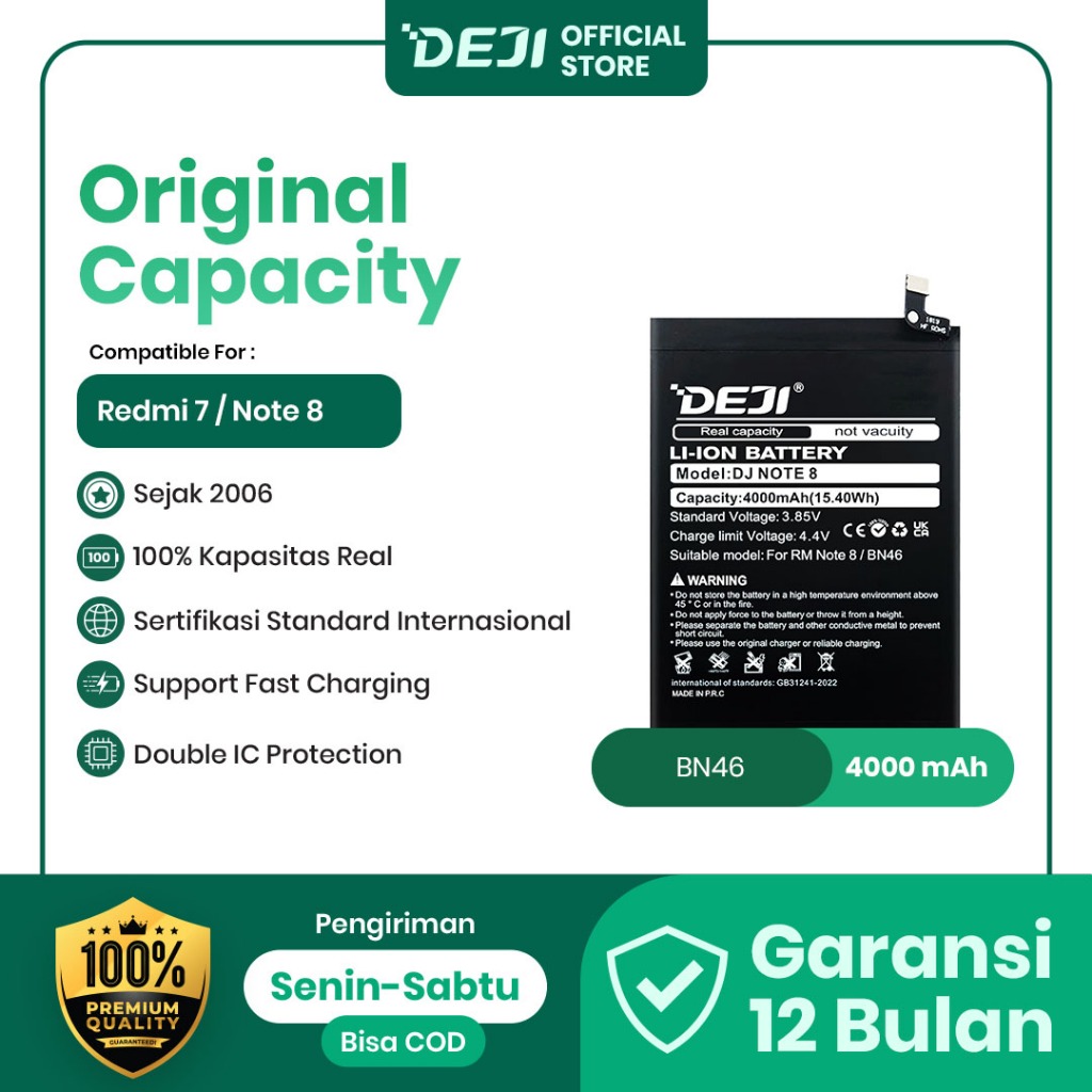 Jual DEJI Baterai BN46 FOR REDMI 7/NOTE 8 4000mAh 3.8V Original Battery ...