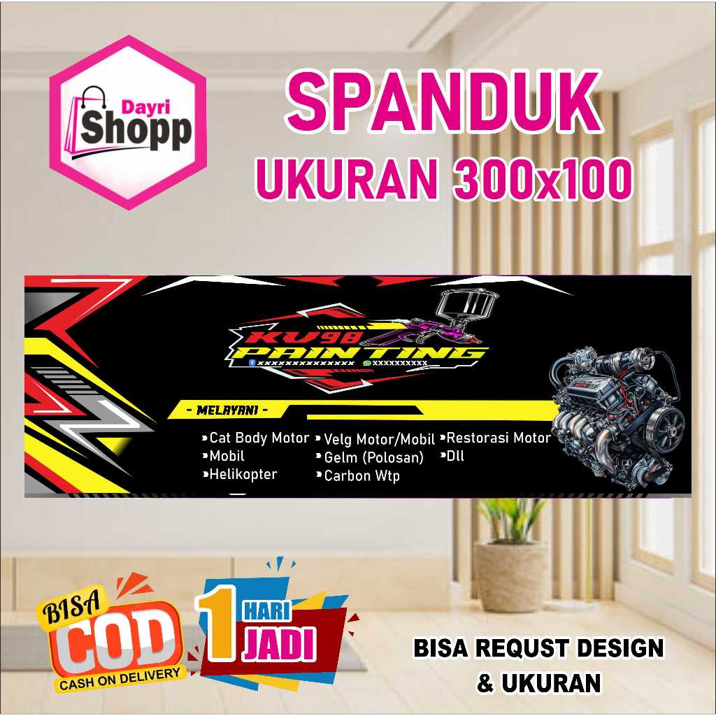 Jual Spanduk Banner Ukuran 300x100 Cm Bengkel Painting HItam Orange ...