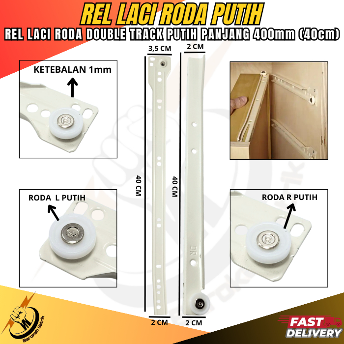 Jual Rel Laci Roda Panjang 400mm (40cm) Warna Putih / Rel Laci Duble ...