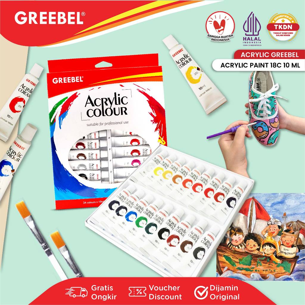 Jual GREEBEL Cat Lukis Akrilik Set 18 Warna / Cat Acrylic Set (18x10ML ...