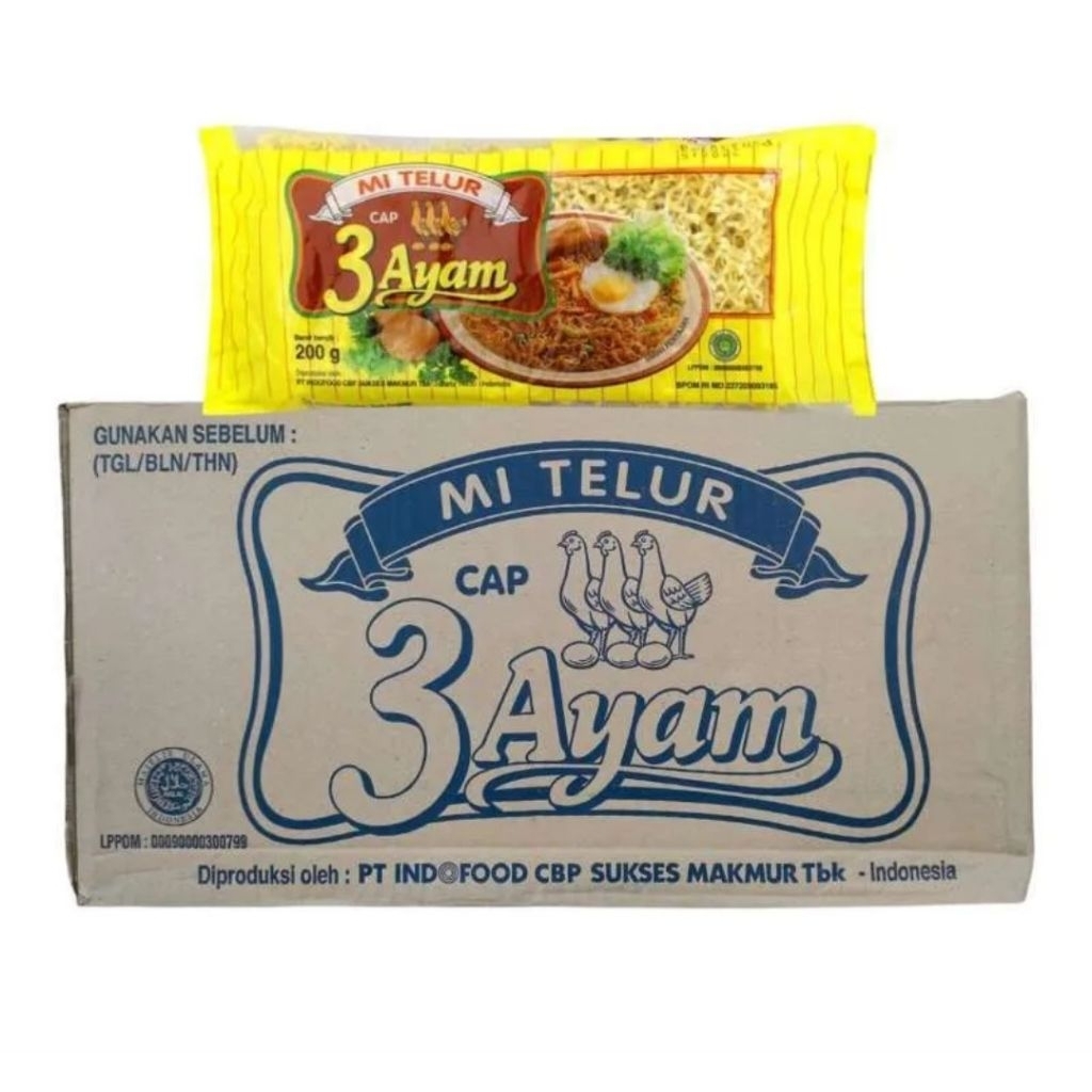 Jual Mi Telur Cap 3 Ayam Mi Pipih Kuning 200 gram [ 1 Karton Isi 20 Pcs ...