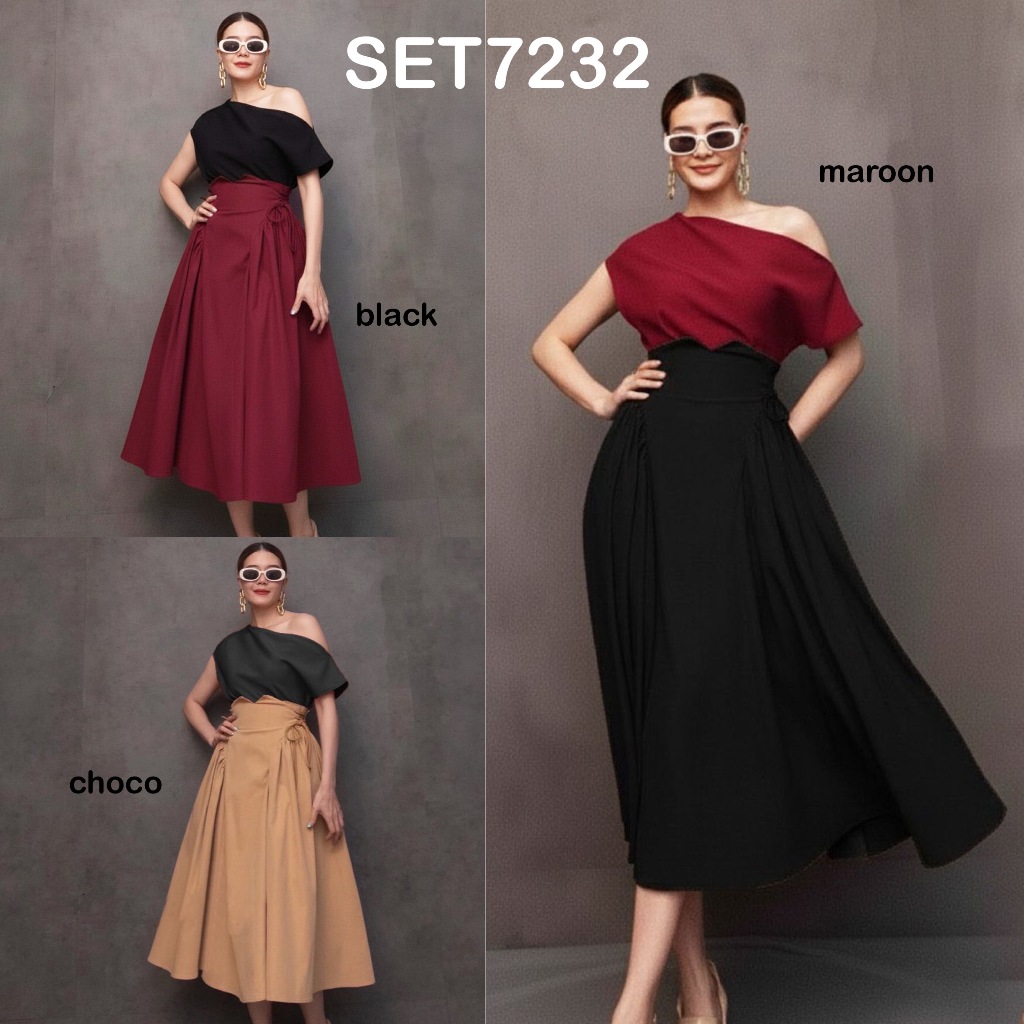 Jual SET7232 Silky Top w/ Long Skater Skirt Set / Setelan Blouse dan ...