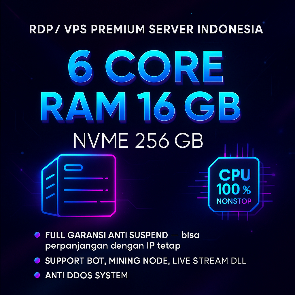Jual RDP / VPS RAM 16GB 6 CORE / 6 VCPU RAM 16 GB Bulanan Mingguan ...