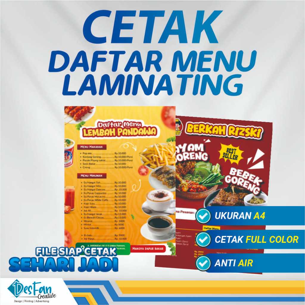 Jual Daftar Menu A4 Kertas Tebal Anti Luntur Laminating | Menu Makanan ...