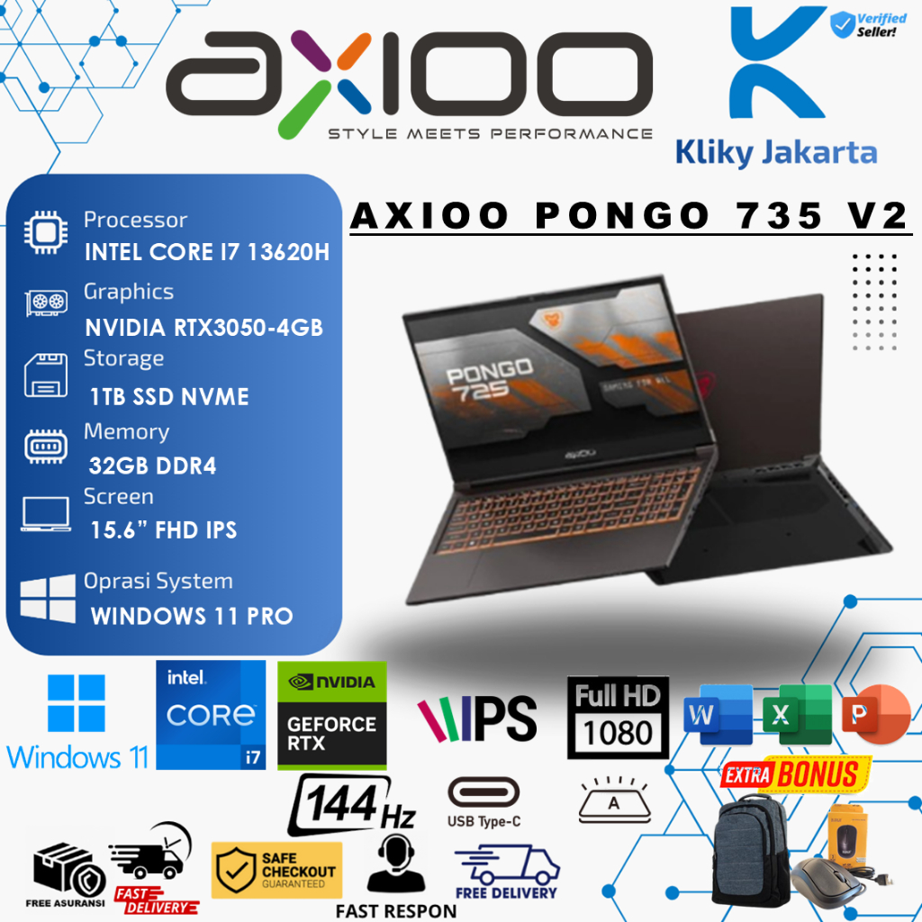 Jual Axioo Pongo 735 Intel Core I7 13620H 32GB 1TB RTX3050-6GB Layar 15 ...