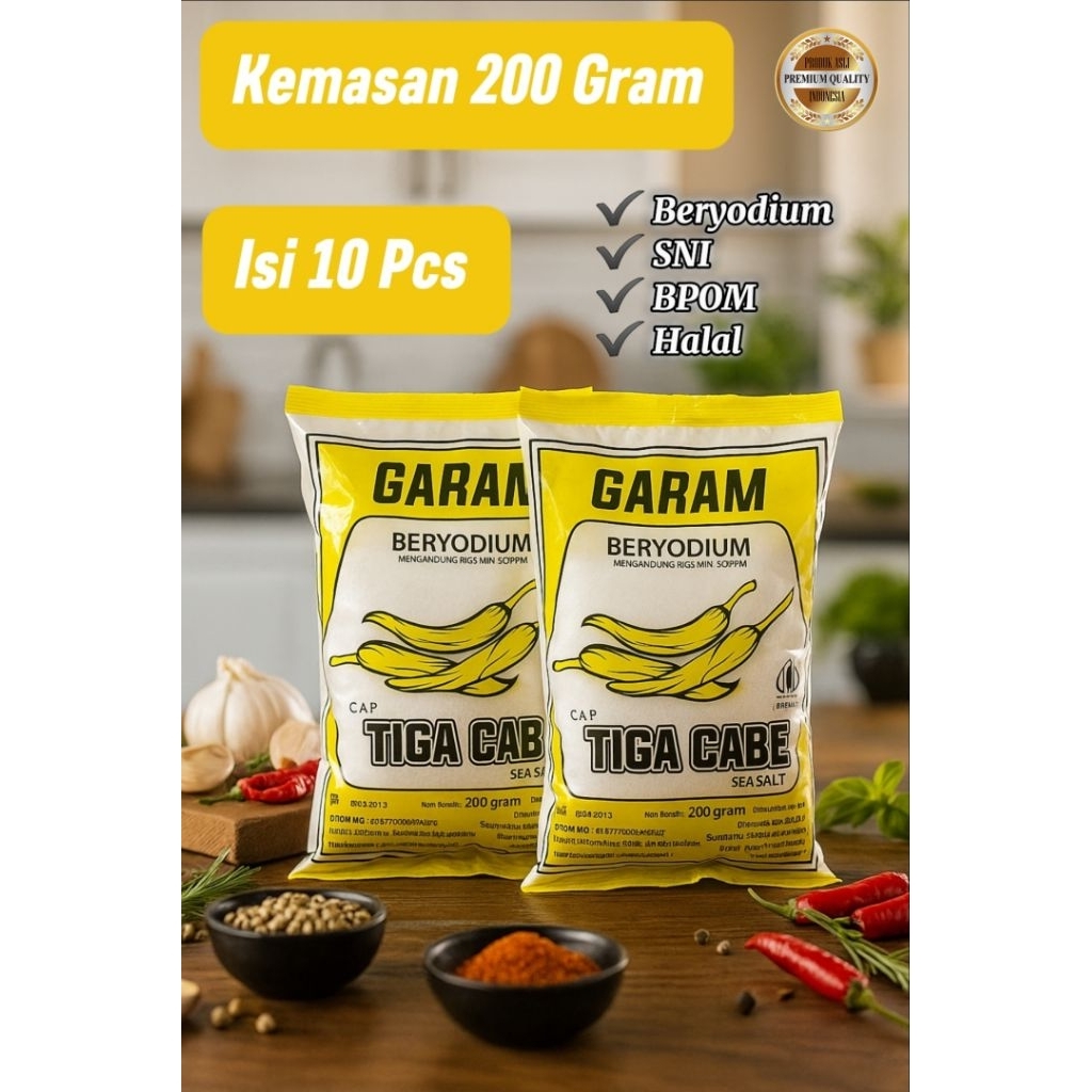 Jual Garam Cap Tiga Cabe Kemasan 200 Gram Isi 10 Pcs - Garam Konsumsi ...