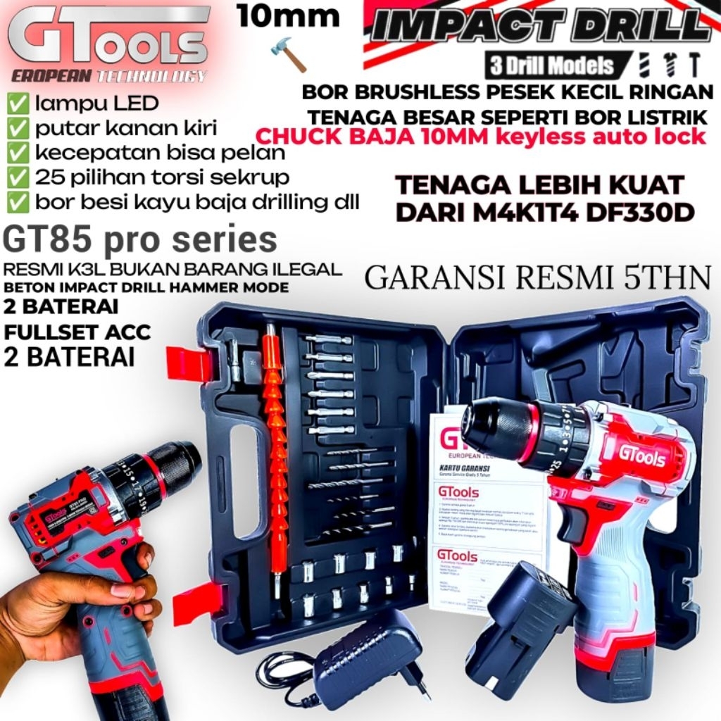 Jual Gtools RAJA BOR IMPACT DRILL BRUSHLESS TYPE gt85PRO 10MM KEYLESS AUTO LOCK 2BATERAI MESIN ...