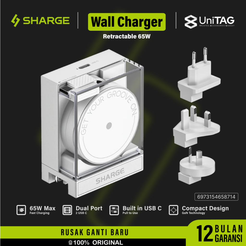 Jual SHARGE Retractable 65 White Cable Charge Dual Port USB-C 65W for ...