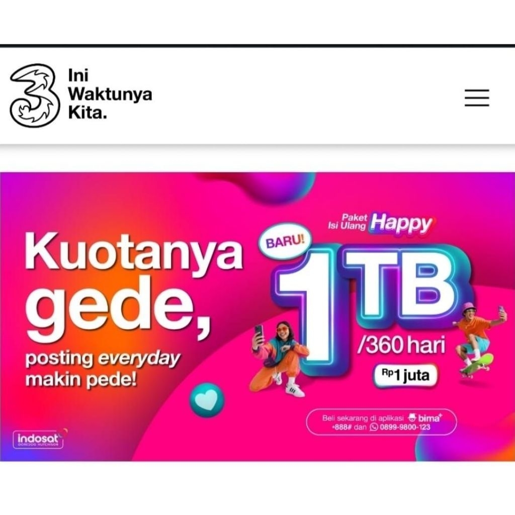 Jual Tri Paket Isi Ulang Happy 1000GB / 1TB masa aktif 1 tahun / 12 ...