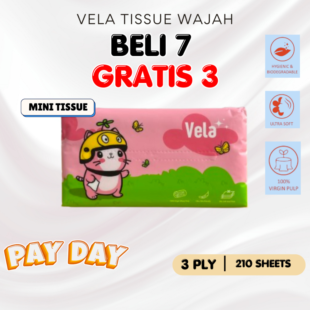 Jual [BELI 7 GRATIS 3] 3 PLY, 210 SHEETS MINI TISSUE VELA Grosir Tissue ...