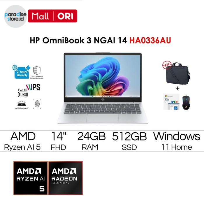 Jual HP OmniBook 3 NGAI 14-ha0336AU Ryzen AI 5 340 512GB SSD 24GB FHD ...