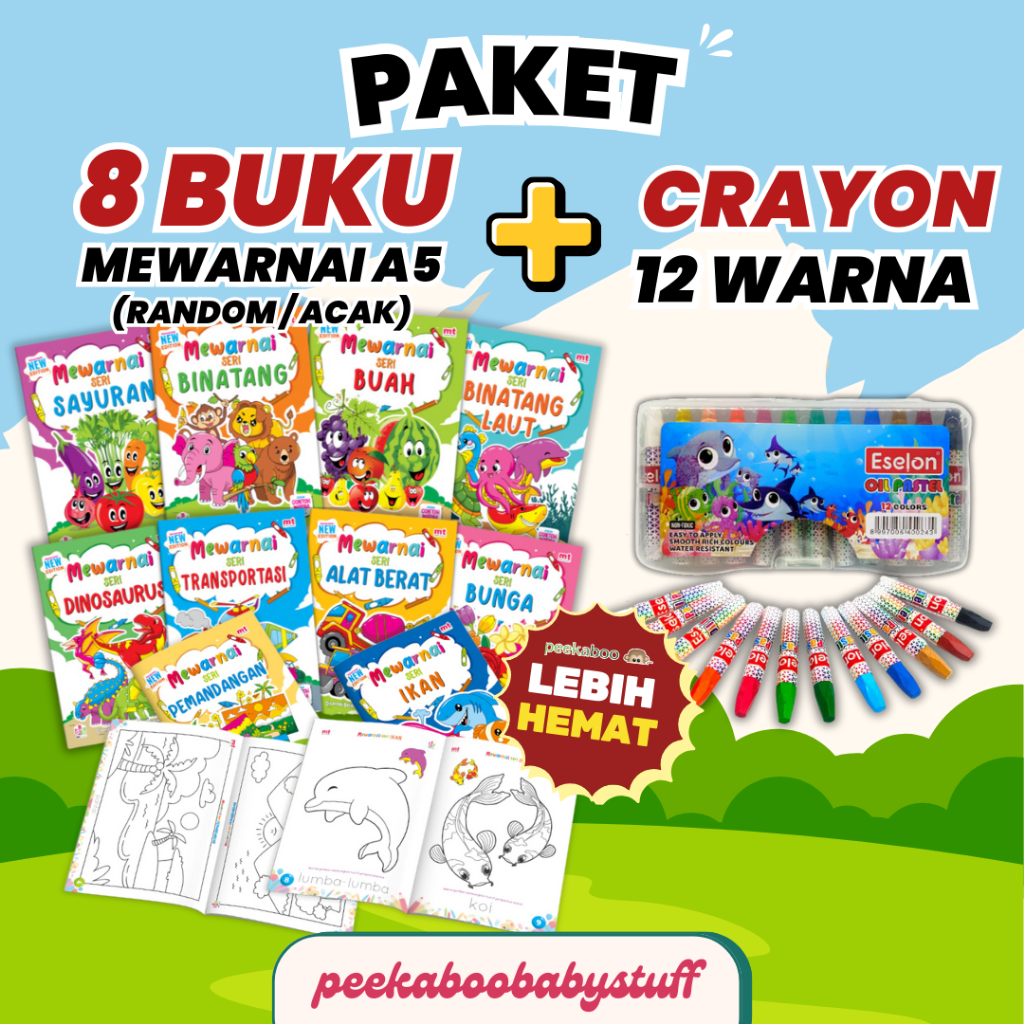Jual PAKET 4/8 TEMA BUKU MEWARNAI A5 (RANDOM) DAN 1 CRAYON ANAK 12 ...