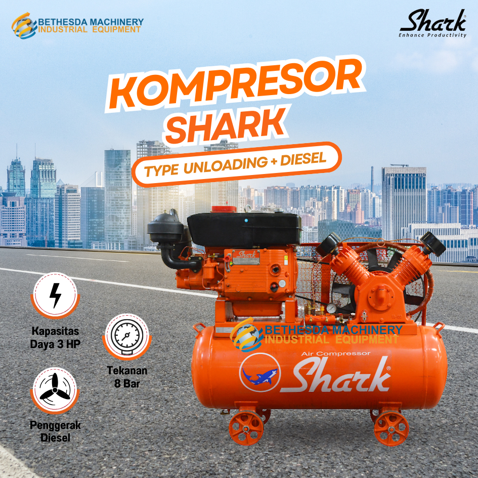 Jual Shark Air Compressor 3 hp Kompresor angin 3hp Lengkap Diesel Shark ...