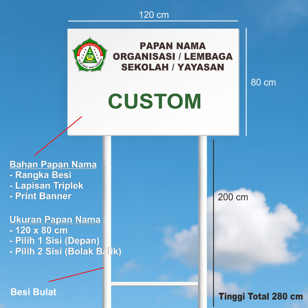 Jual Papan / Plang Nama Custom 120 x 80 cm + 2 Tiang Double Besi ...