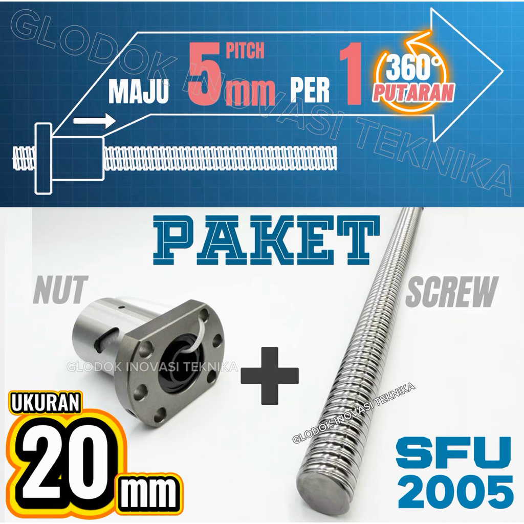Jual PAKET ballscrew SFU 2005 SFU2005 20mm ball screw nut as shaft ulir ...