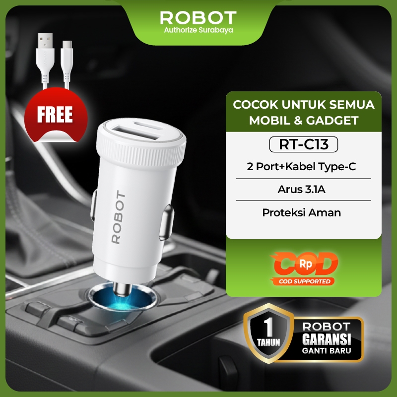 Jual ROBOT Car Charger Dual Port USB A Type C 3.1A Fast Charging ...