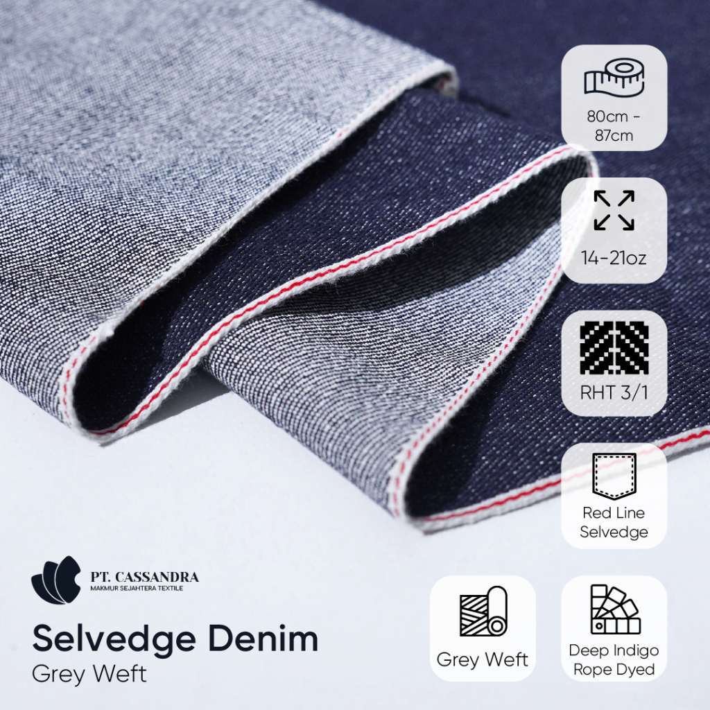 Jual Kain Denim Red Line Selvedge, 14-18oz, Grey Weft, Deep Indigo Rope ...