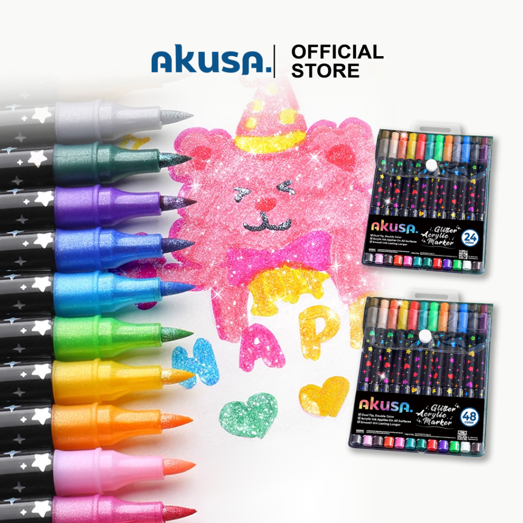 Jual AKUSA Glitter Acrylic Marker Dual Tip 24/48/72/96 Warna Spidol ...
