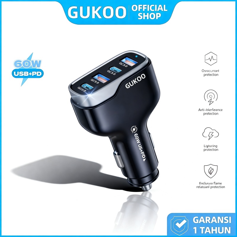 Jual GUKOO Charger Mobil 60W Super Cepat - 2 USB + 2 Type-C, Isi Daya 4 ...