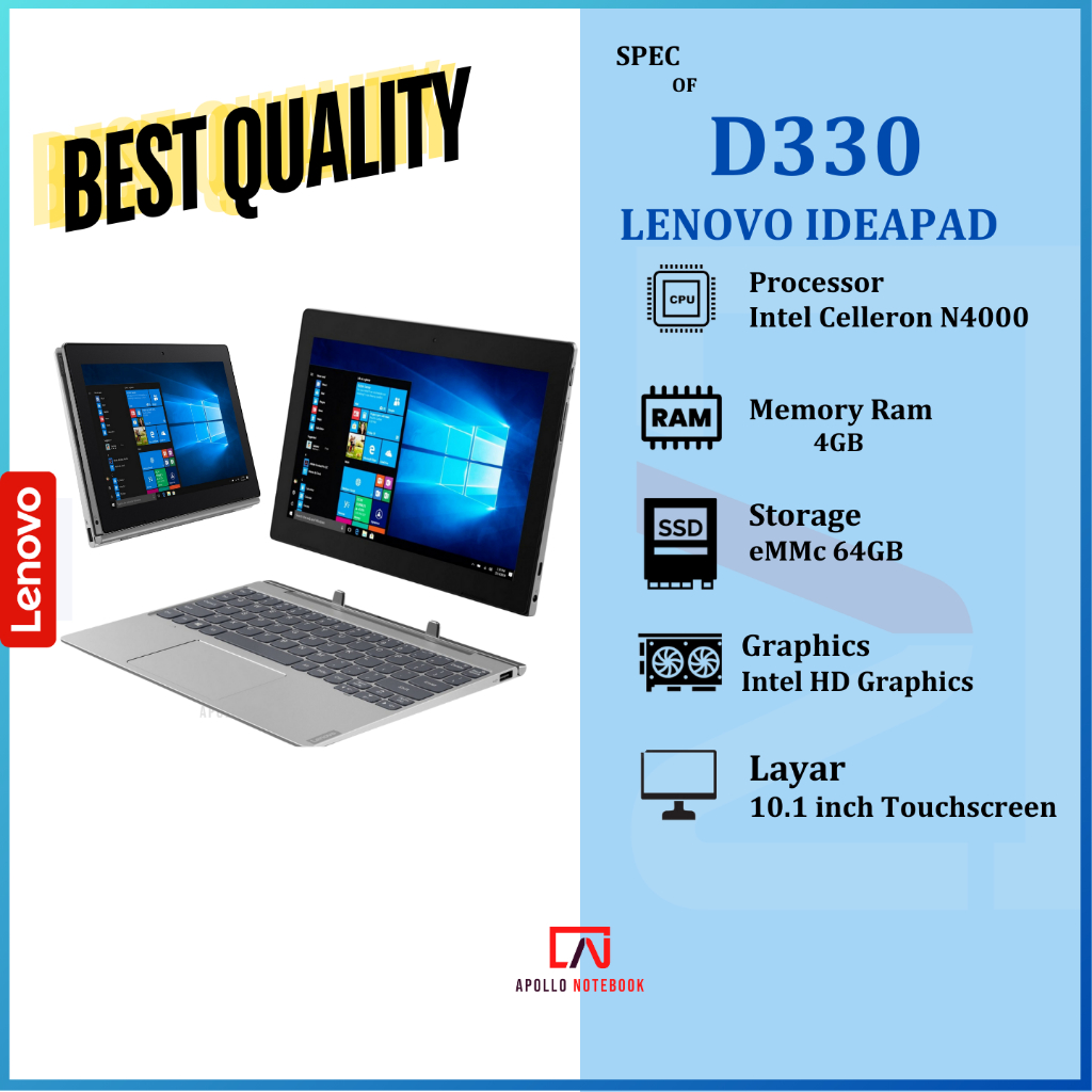 Jual Laptop 2in1 Tablet Lenovo Ideapad D330 N4000 Ram 4GB Ssd eMMc 64GB ...