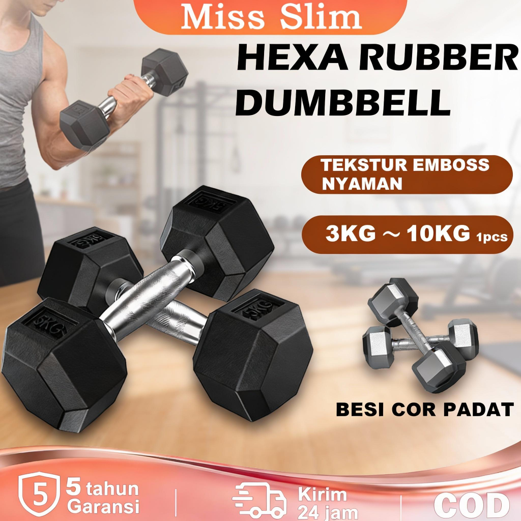Jual Miss Slim - HEX Rubber Dumbbell 3KG 5KG 10KG Gym Dumbel Murah Mini ...