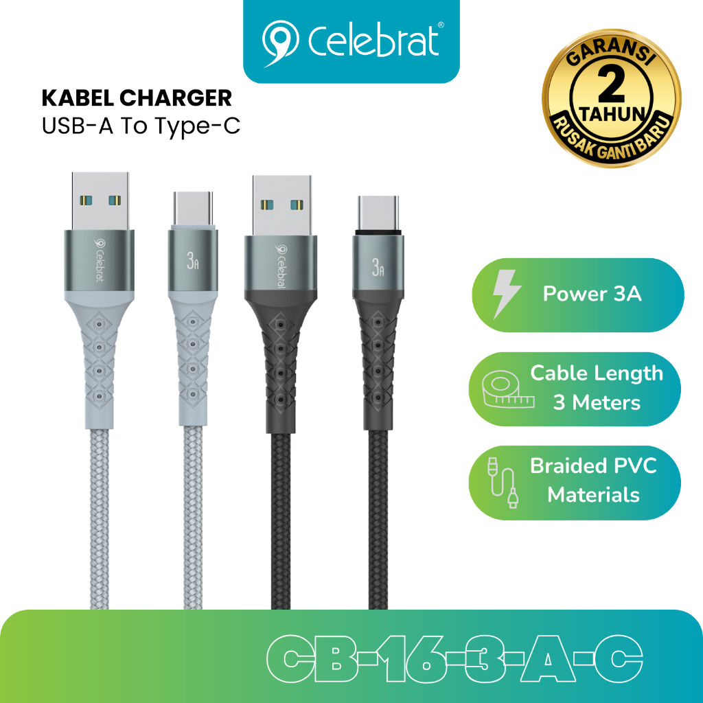 Jual Celebrat CB-16 Kabel Charger 3A USB-A To Type-C 3 Meters Cable ...