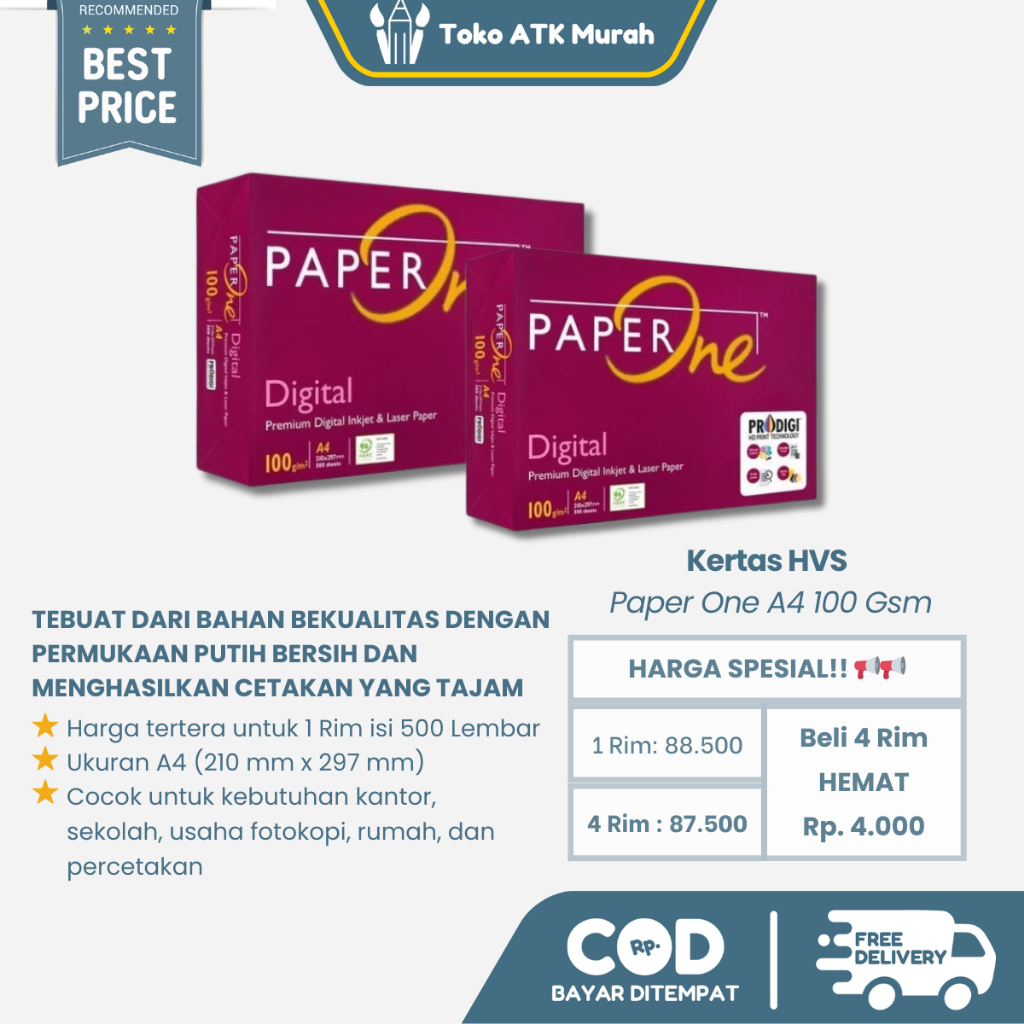 Jual Kertas HVS A4 100 Gsm Paper One ( 1 Rim Isi 500 Lembar ) - Kertas ...