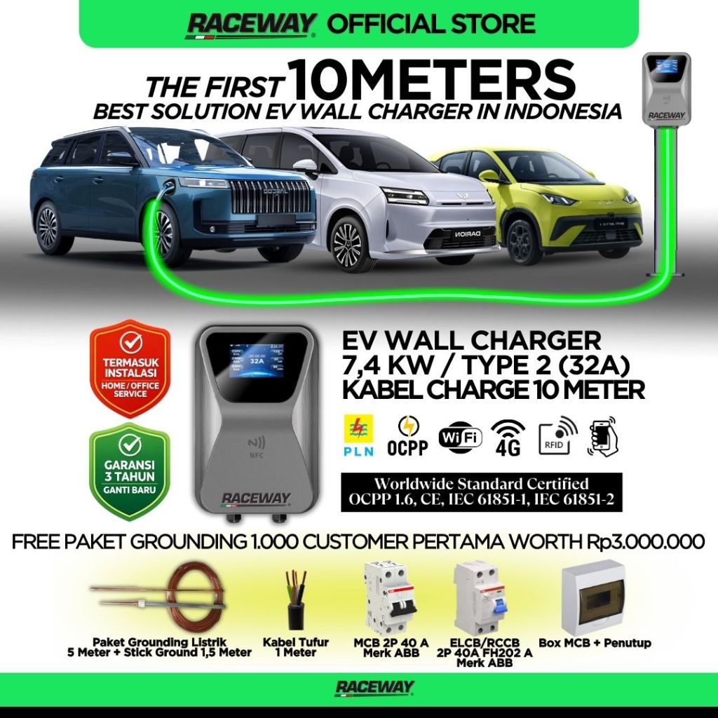 Jual RACEWAY 10 Meter Wall Charger Mobil Listrik EV 7kW Free Instalasi ...