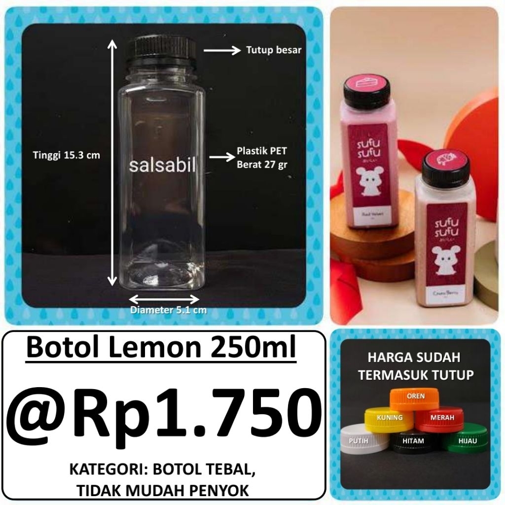 Jual Botol Lemon 250ml / botol kick 250ml tebal / botol kotak 250ml ...