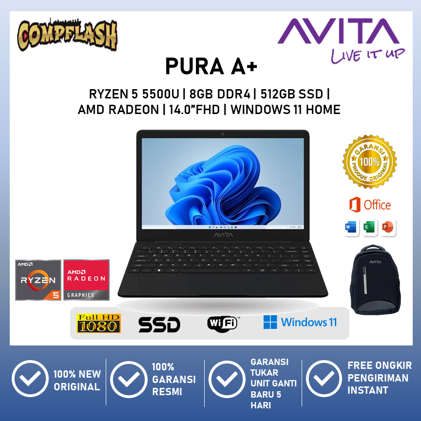 Jual LAPTOP AVITA PURA A+ RYZEN 5 5500 - RAM 8GB 512GB WINDOWS11+OHS 14 ...