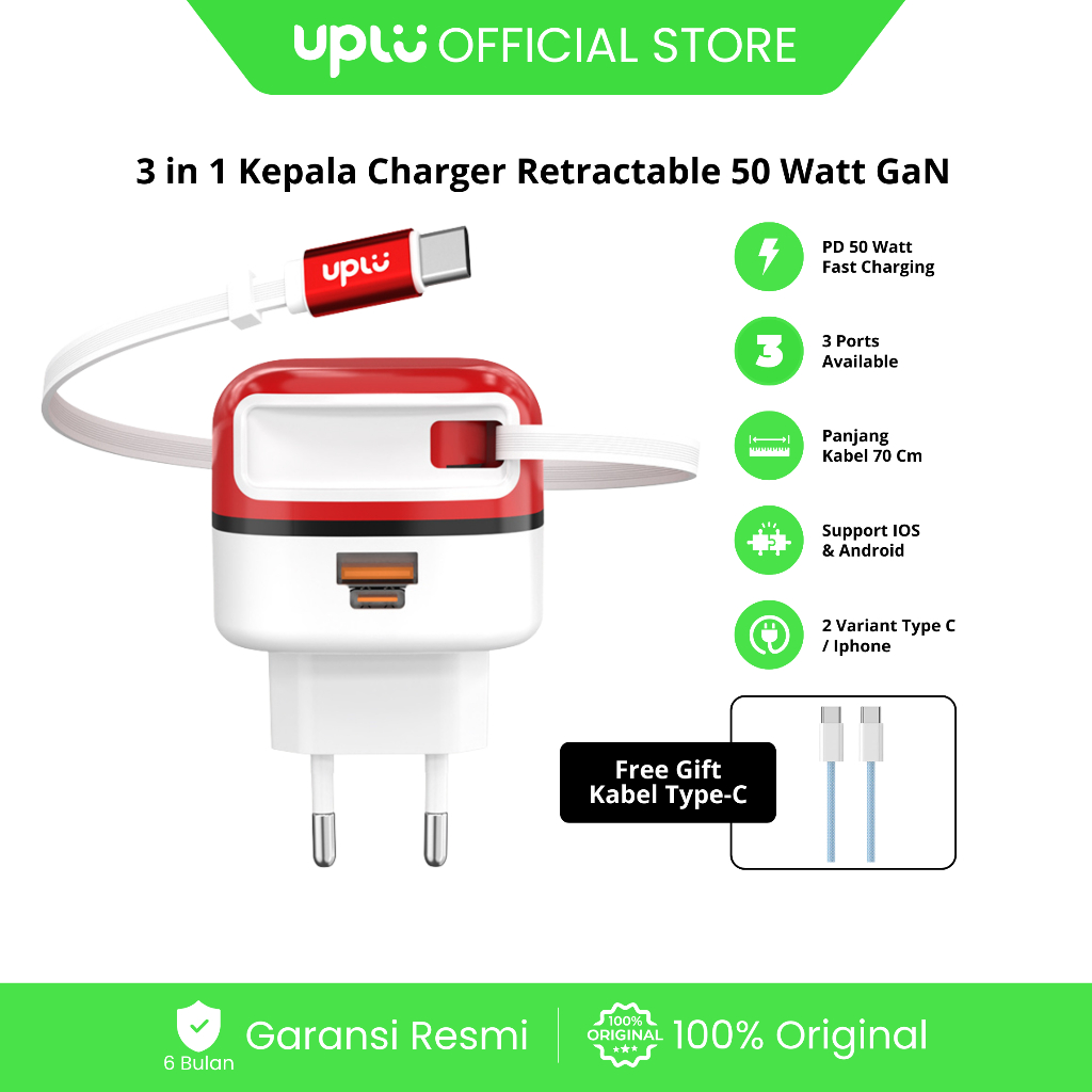 Jual UPLU Charger Type C 50w Fast Charging Retractable Cable PD GaN ...