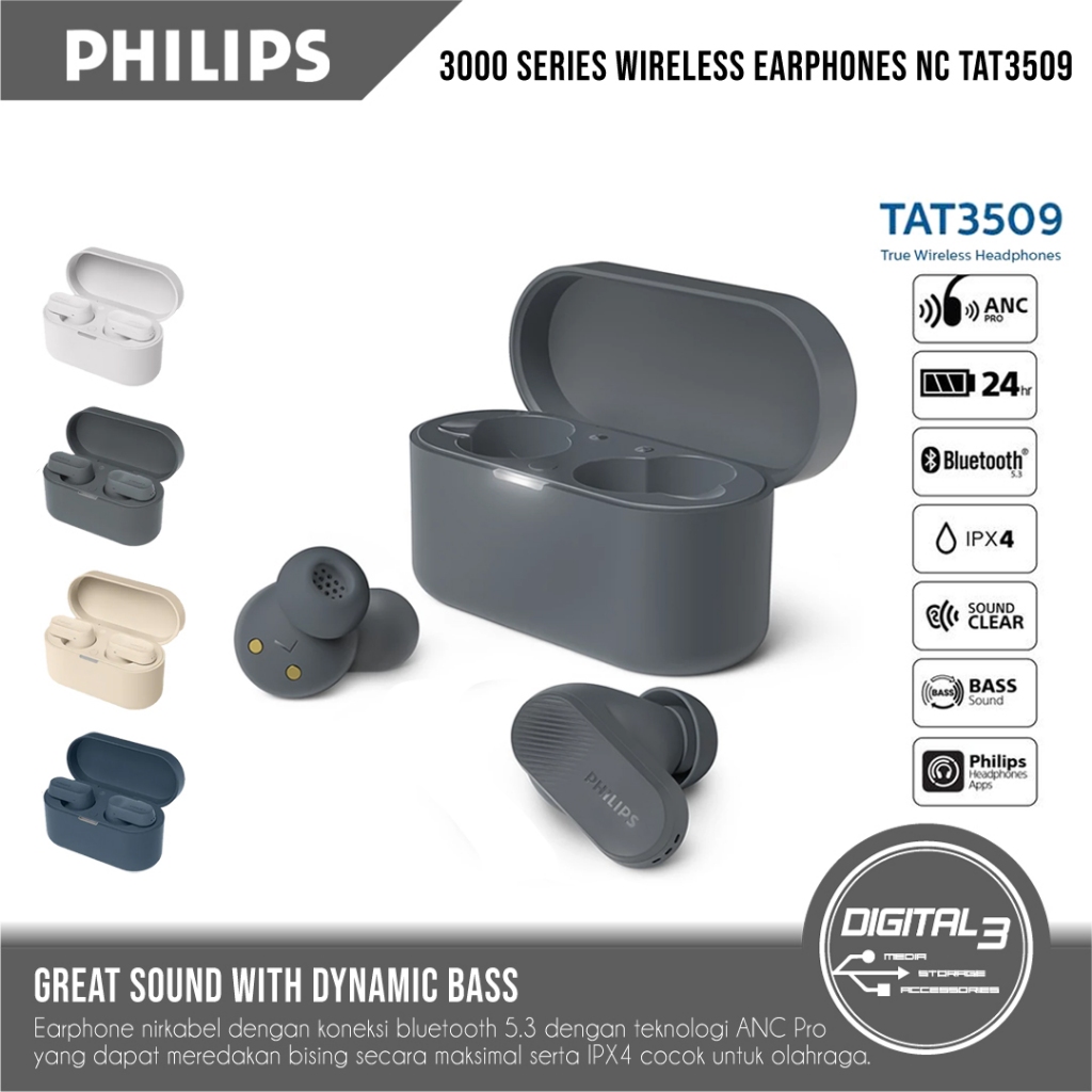 Jual PHILIPS TAT-3509 TWS Wireless Noise Cancelling Earphones 3000 ...