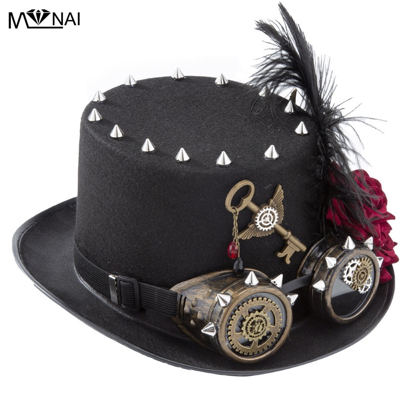 Jual Steampunk Gear Rivet Punk Top Hat Goggles Dark Rose Chain Feather ...