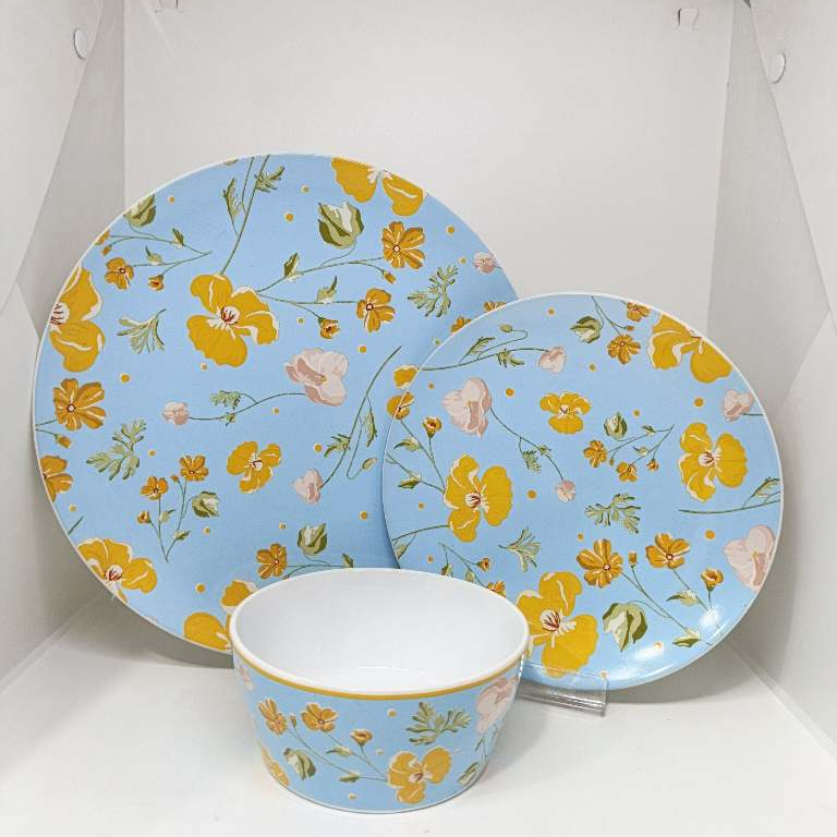 Jual Piring & Mangkuk Makan Keramik Amber Sky Blue Motif Bunga Kuning ...