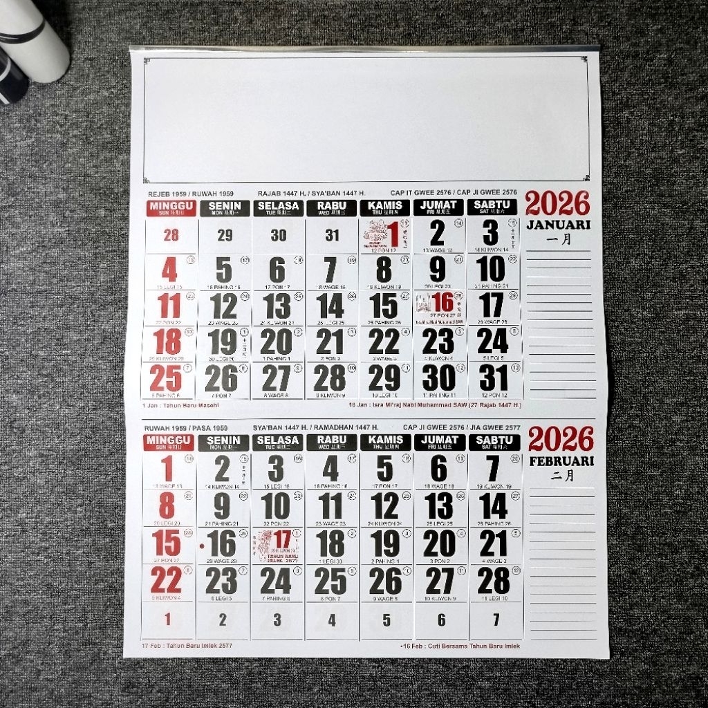 Jual Kalender Kerja Jumbo 2 Bulanan ( 6 Lembar ) 2026 Ukuran 50cm x ...