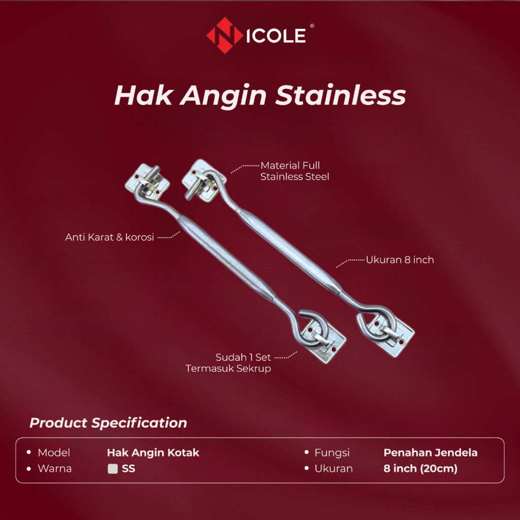 Jual Nicole Hak Angin Stainless Steel Anti Karat 1 Set Window Hook ...