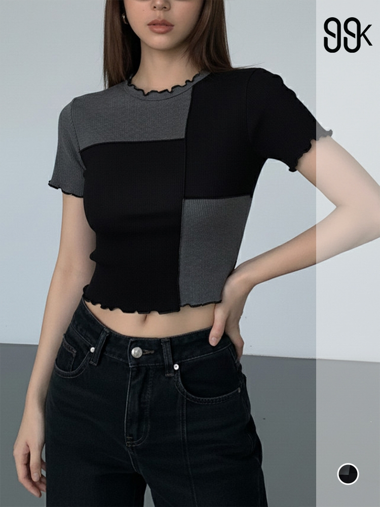 Jual [Premium] Women Crop Top Two Color Round Neck Short Sleeve 1802 (S ...