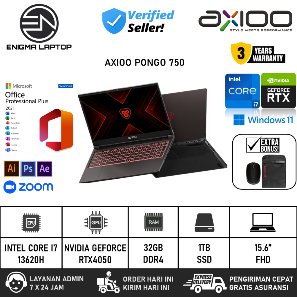Jual Axioo Pongo 750 Intel Core i7 13620H RAM 32GB 1TB SSD RTX4050 15.6 ...