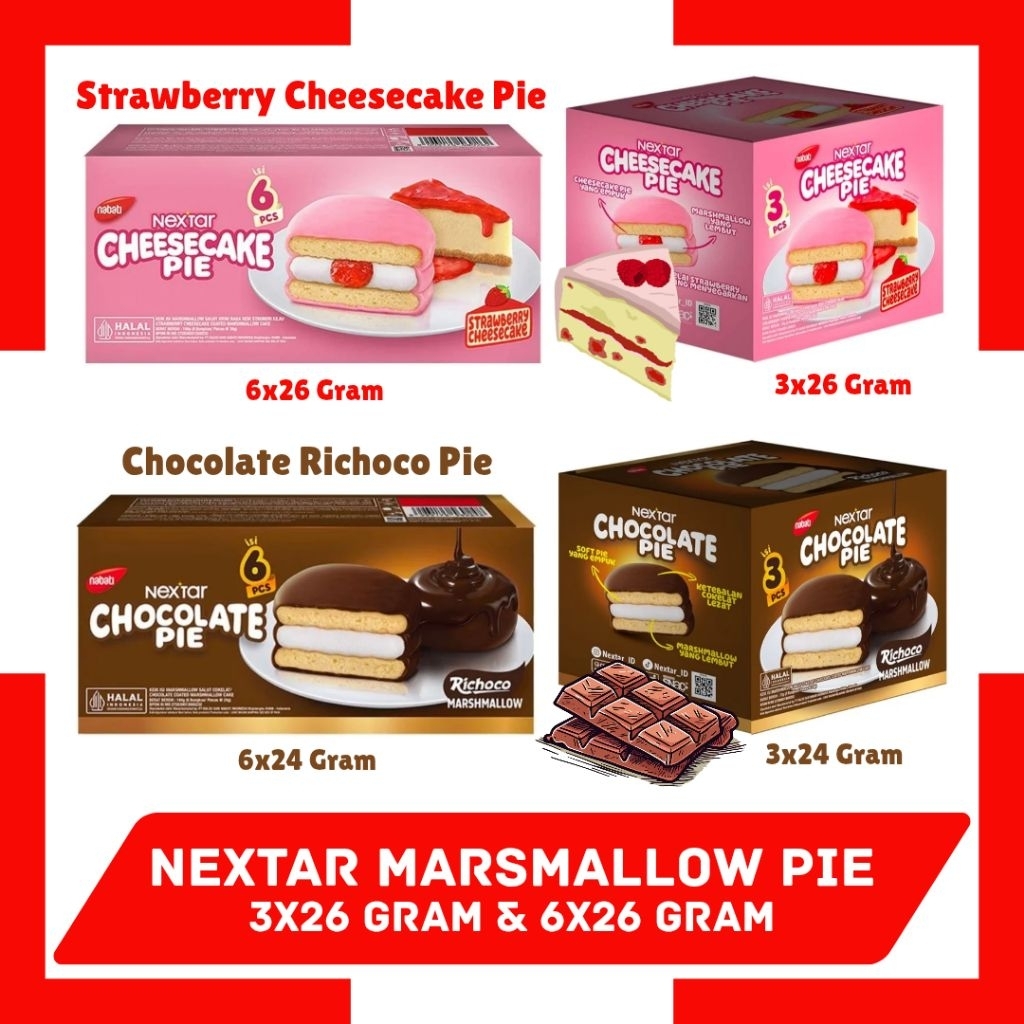 Jual NEXTAR MARSHMALLOW PIE CHOCOLATE RICHOCO DAN STRAWBERRY CHEESECAKE ...